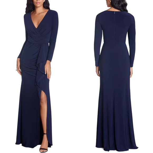 Betsy & Adam | Dresses | New Betsy Adam Navy Cascade Ruffle Long Sleeve ...